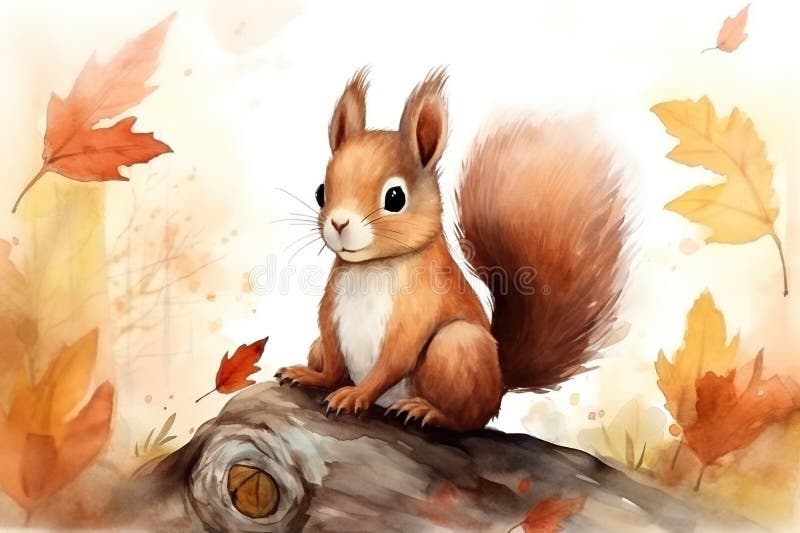 Watercolor Illustration of a Squirrel Sitting at Autumn. Generative AI ...