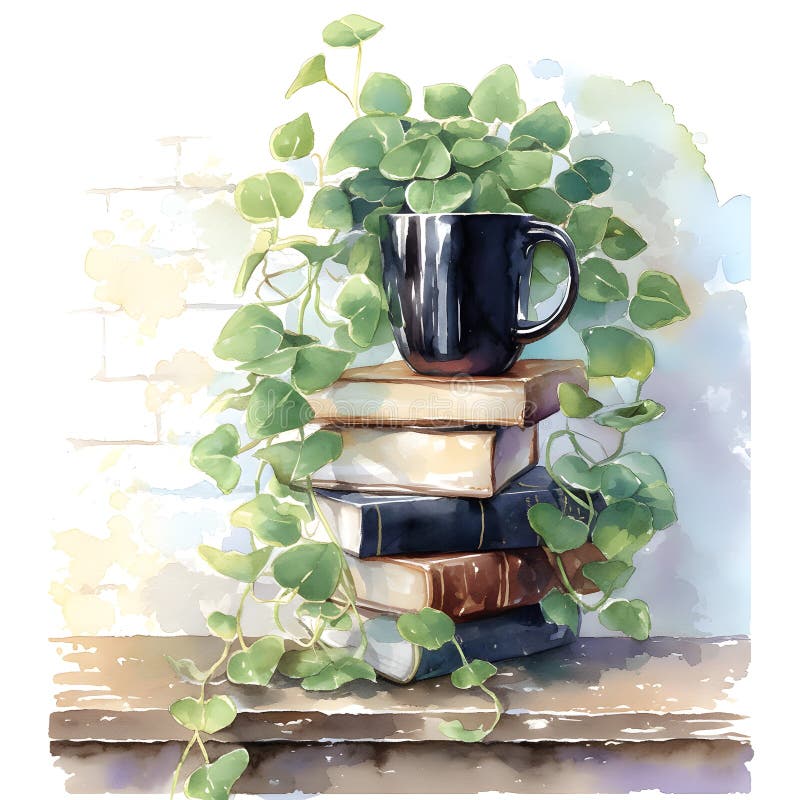 Watercolor Illustration of a Stack of Books a Mug and Greenery Stock ...