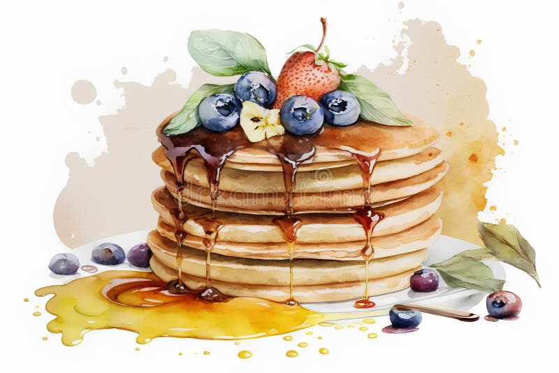 Watercolor Illustration of a Stack of Pancakes with Berries and Maple ...
