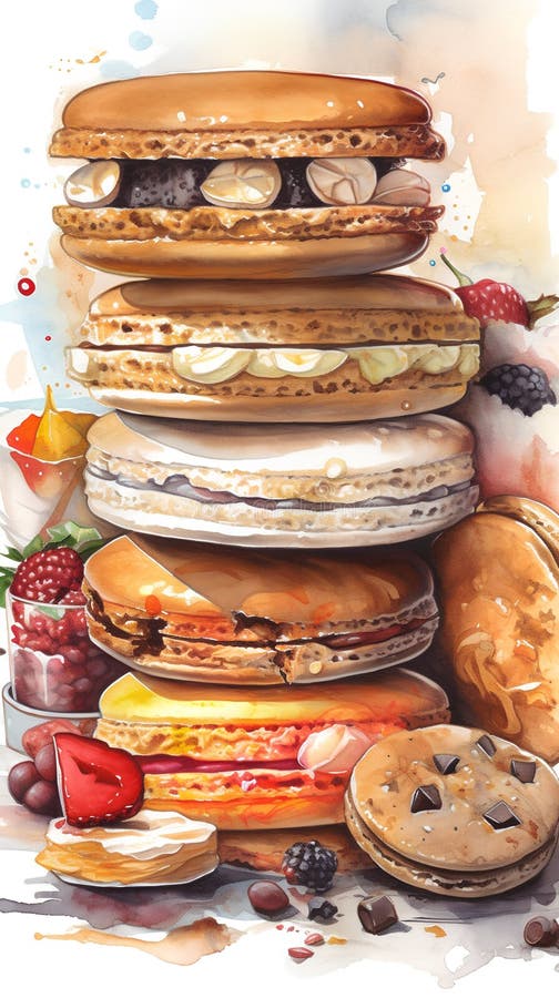 Watercolor Illustration of a Stack of Pancakes with Different Fillings ...