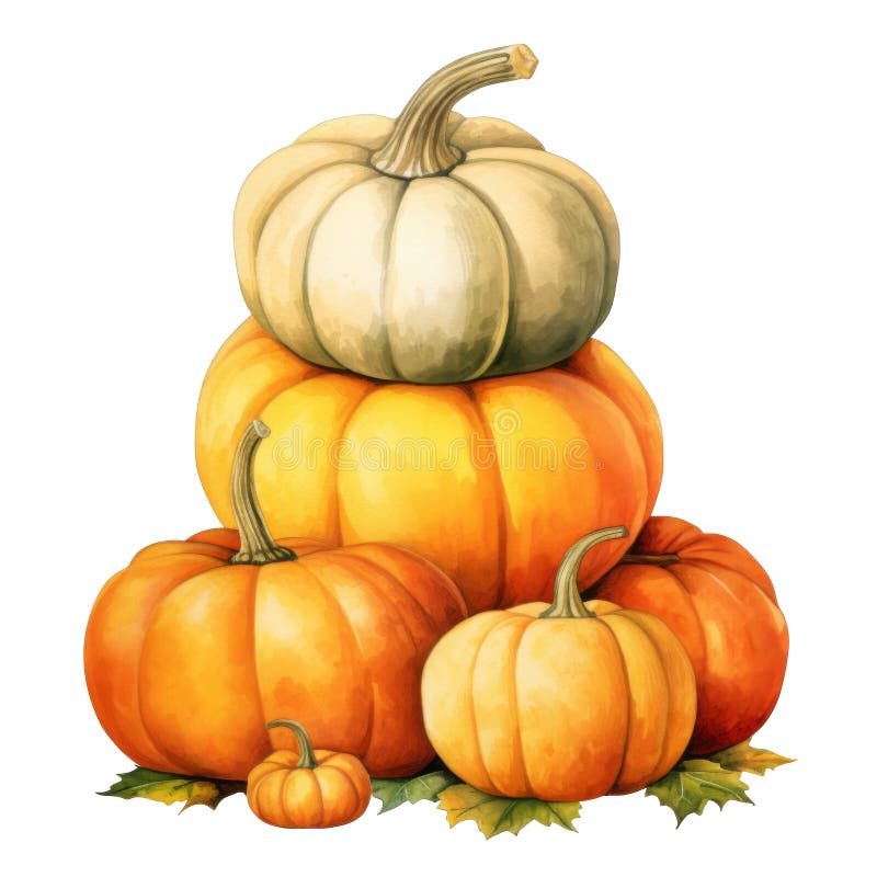Watercolor Illustration of a Stack of Pumpkins with Leaves Stock ...