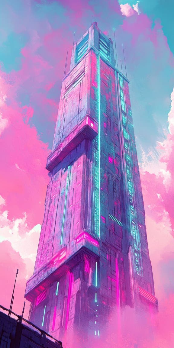 Watercolor Illustration of a Synthwave Skyscraper Stock Illustration ...