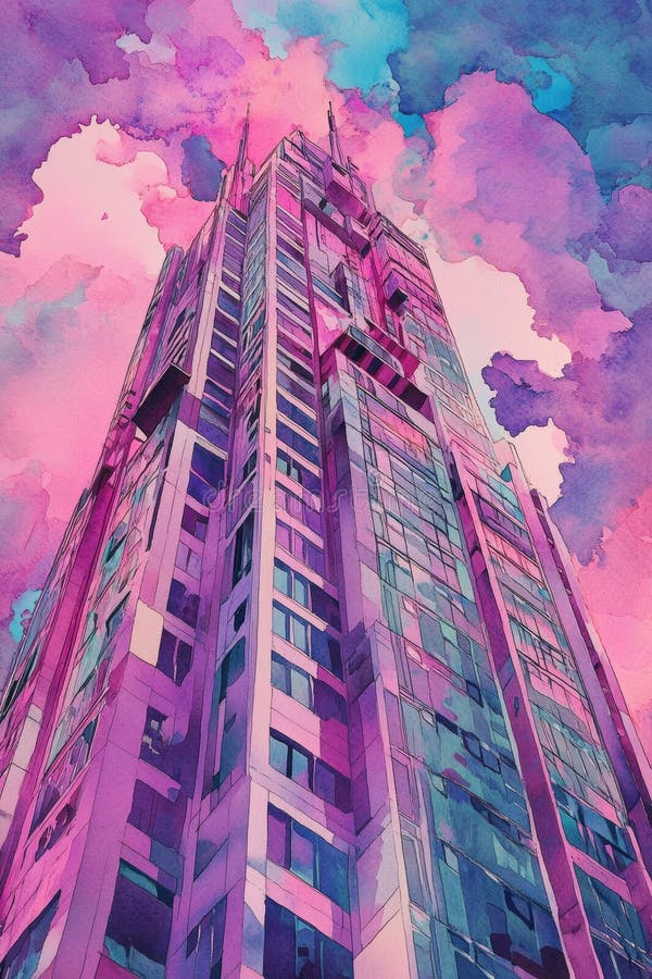 Watercolor Illustration of a Synthwave Skyscraper Stock Illustration ...