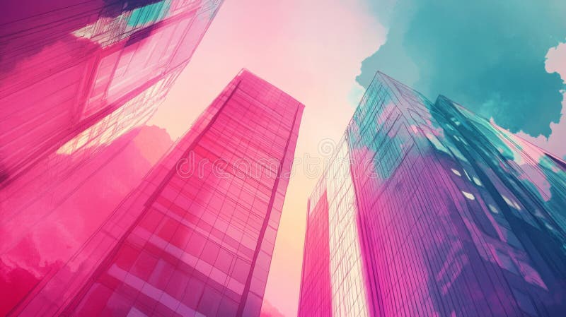 Watercolor Illustration of a Synthwave Skyscraper Stock Illustration ...