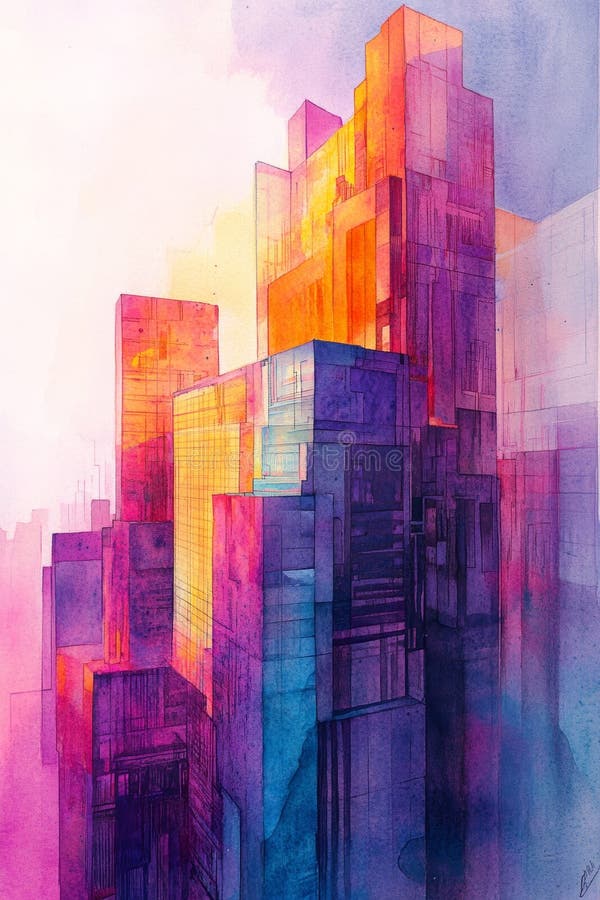 Watercolor Illustration of a Synthwave Skyscraper Stock Illustration ...