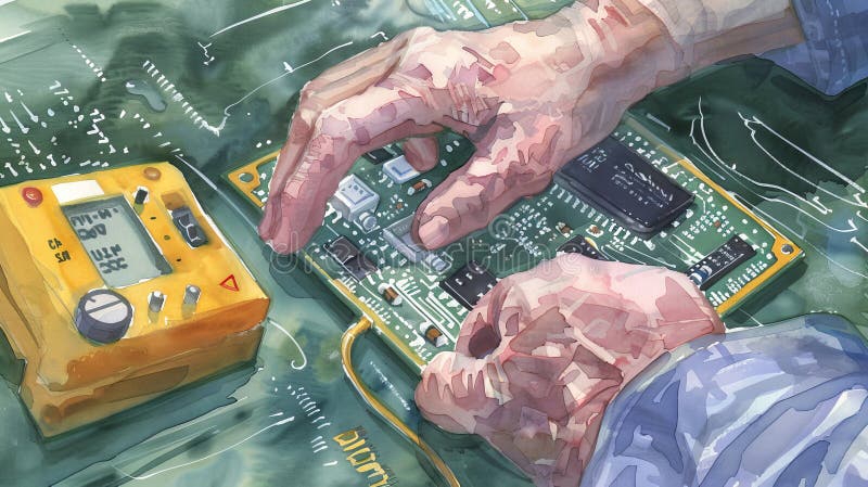 Watercolor Illustration of a Technician Working with Circuit Board and ...
