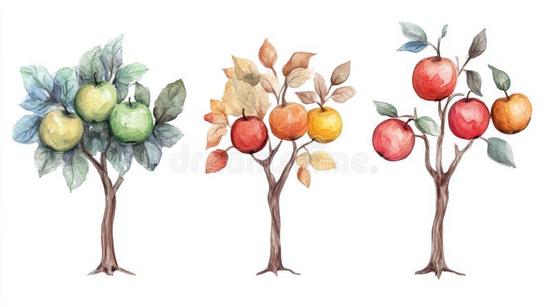 Watercolor Illustration of Three Apple Trees Each Representing a ...