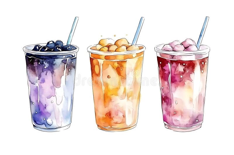 Watercolor Illustration of Three Bubble Tea Variations Stock ...