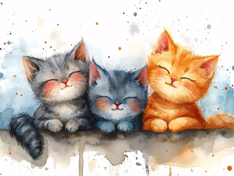 Watercolor Illustration with Three Cute Little Kitten Stock ...