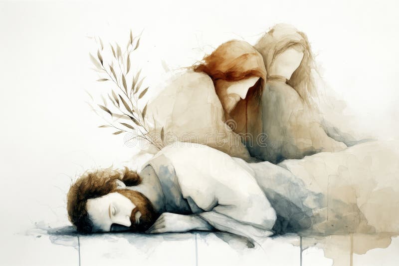 Watercolor Illustration of Three Jesus Disciples Sleeping in the Olive ...