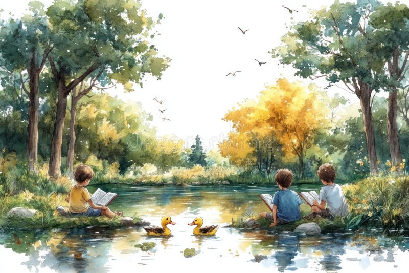 Watercolor Illustration of Three Kids Sitting by the River Reading ...