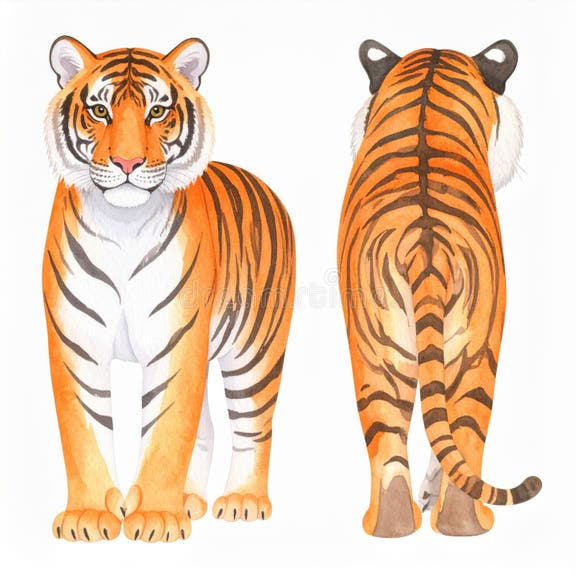 Watercolor Illustration of a Tiger: Front and Back Views Stock ...