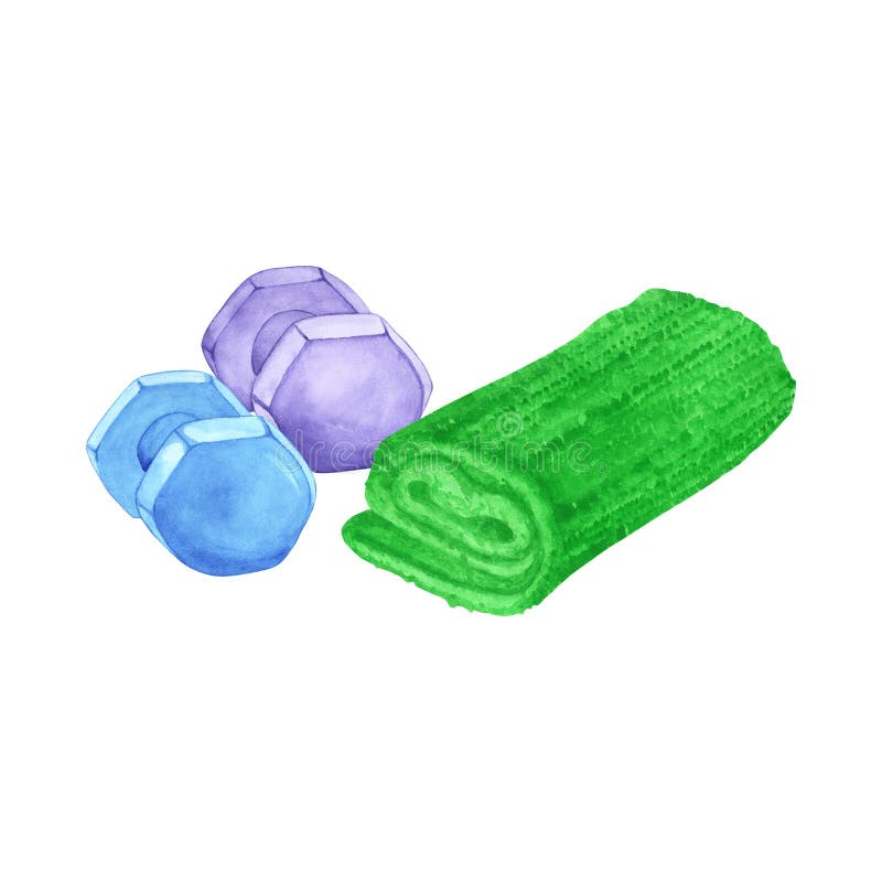 Watercolor Illustration of a Towel and Dumbbells. the Drawing is Done ...