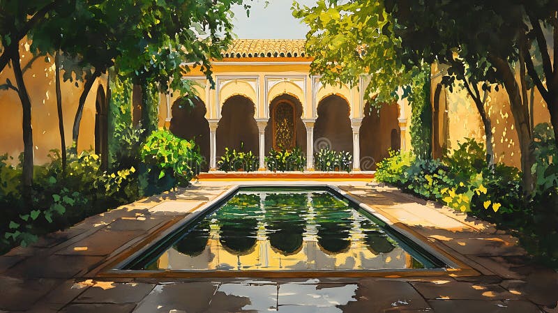 Watercolor Illustration of a Tranquil Courtyard with a Reflecting Pool ...