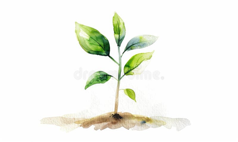 A Watercolor Illustration of a Tree Sprout with Green Leaves on White ...