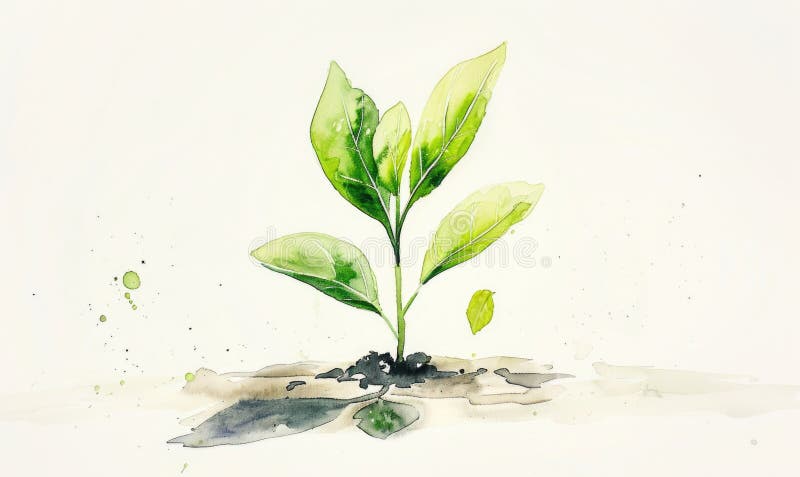 A Watercolor Illustration of a Tree Sprout with Green Leaves on White ...