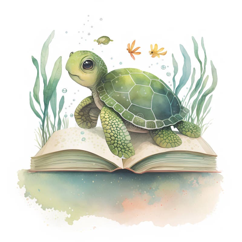Watercolor Illustration of a Turtle Sitting on an Open Book in the Sea ...