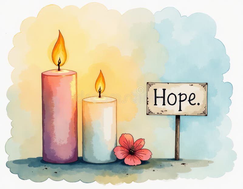 Watercolor Illustration of Two Candles and a Hope Sign Stock ...