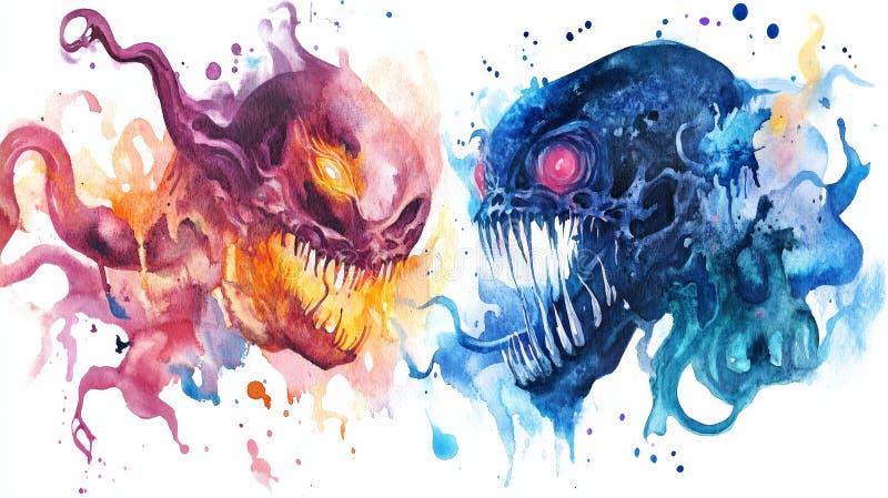 Watercolor Illustration of Two Chilling Creatures One Red and One Blue ...