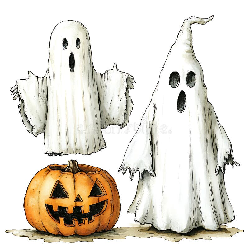 Watercolor Illustration of Two Ghosts and a JackOLantern for Halloween ...