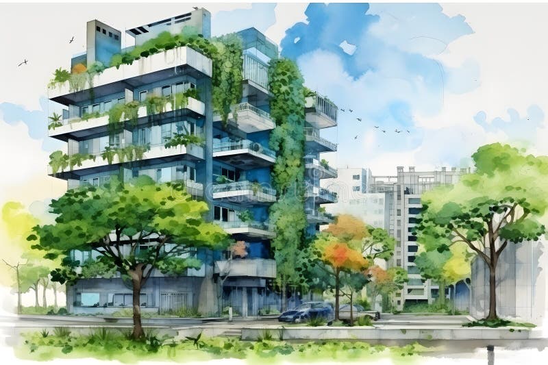 Watercolor Illustration of an Urban Setting Stock Illustration ...