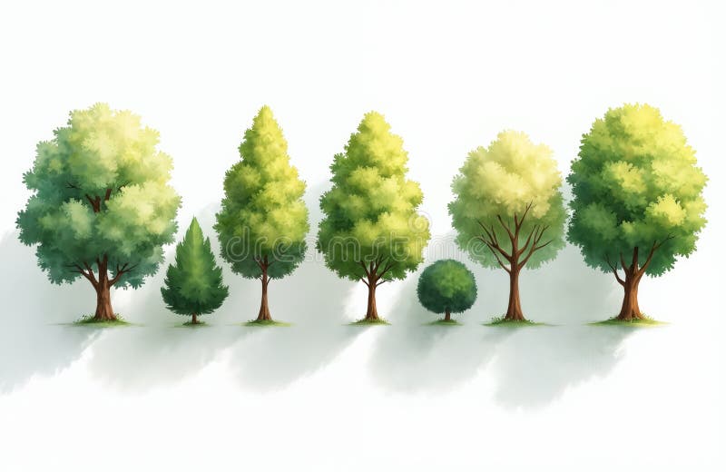 Watercolor Illustration of Various Green Trees, Bushes and Shrubs ...