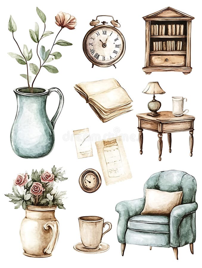Watercolor Illustration of Vintage Home Objects Stock Illustration ...