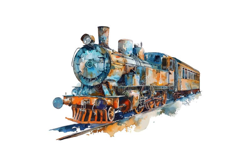 Watercolor Illustration of Vintage Steam Train. Vector Illustration ...