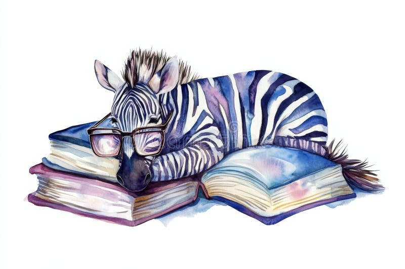 Watercolor Illustration of a Zebra Wearing Glasses and Lying on a Stack ...