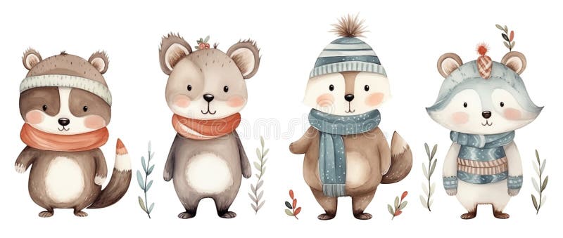 Watercolor Illustrations from a Cute Animal Winter Set Stock ...