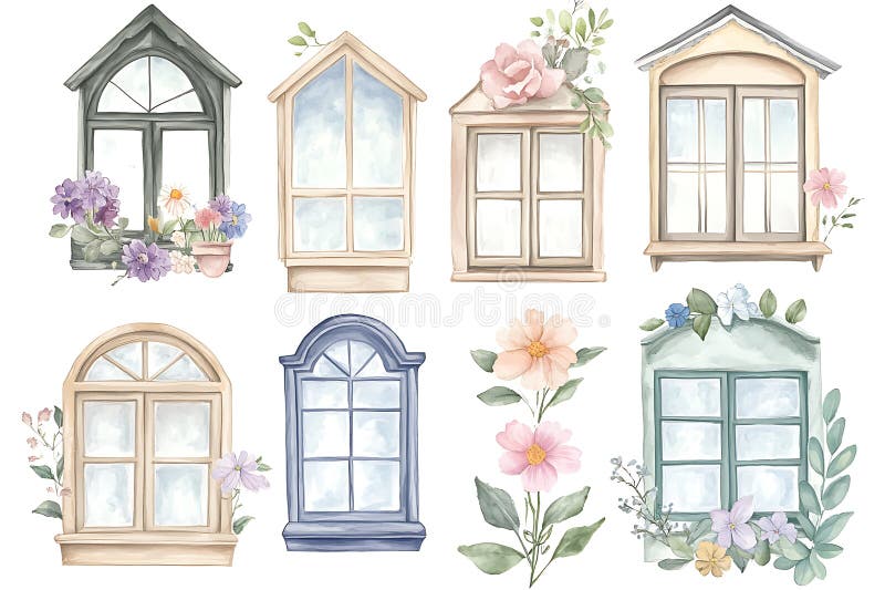 Watercolor Illustrations of Eight Charming Windows with Flowers Stock ...