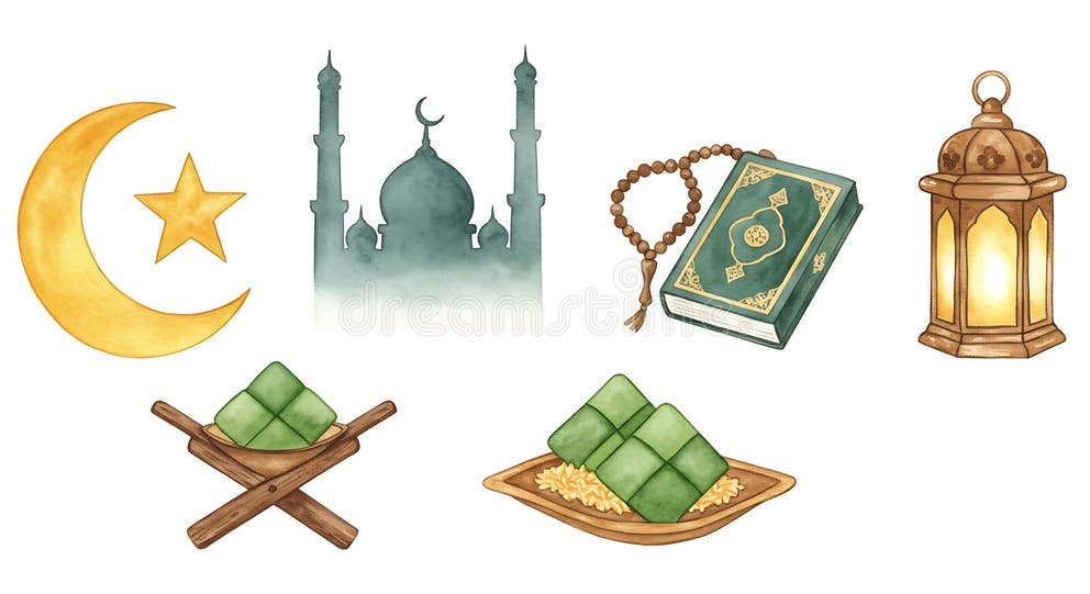 Watercolor Illustrations Featuring Eid Elements for Celebration Stock ...