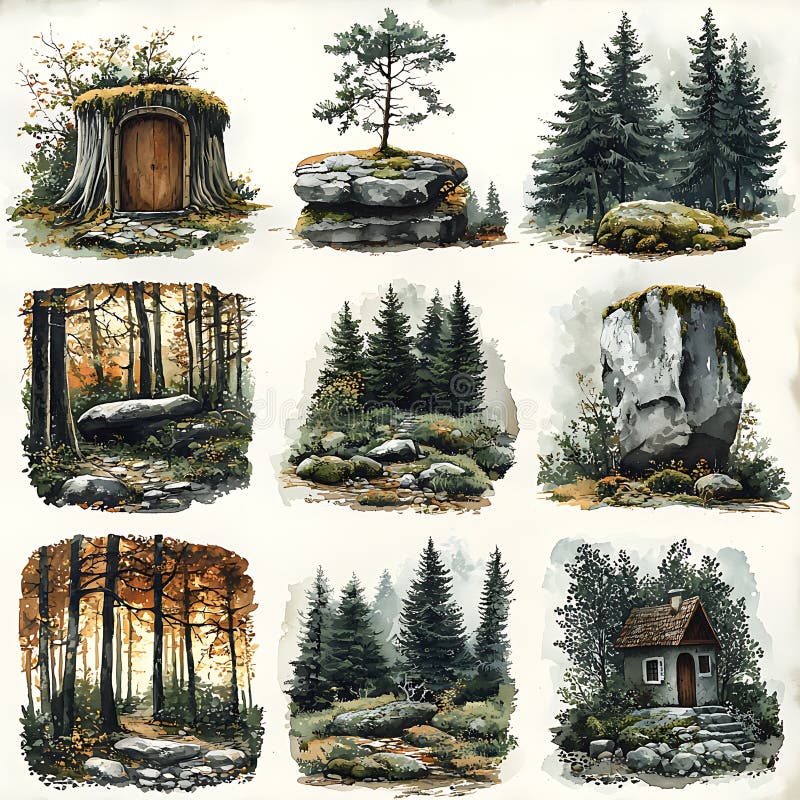 Watercolor Illustrations of Forest Scenes with Magical Elements Stock ...