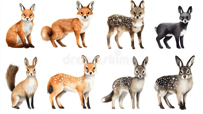 Watercolor Illustrations of a Fox a Deer and Rabbits Stock Illustration ...