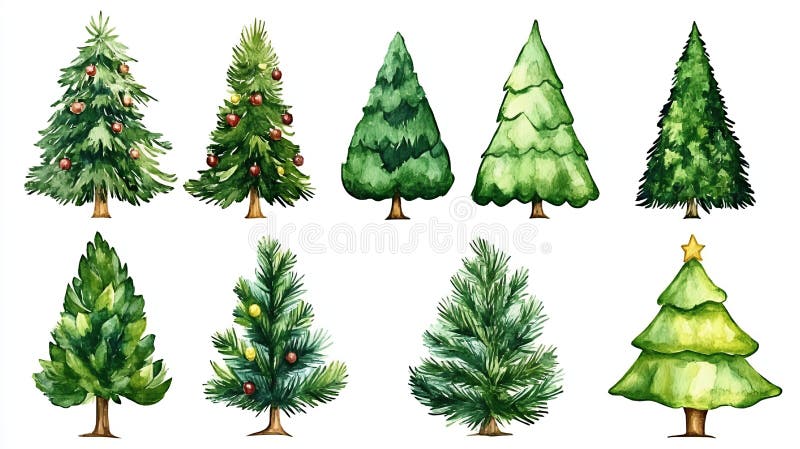 Watercolor Illustrations of Nine Christmas Trees in Various Styles ...