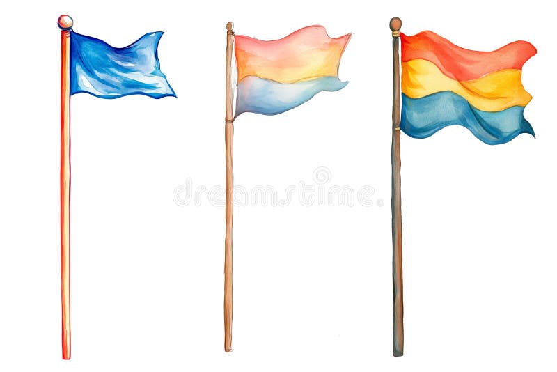 Watercolor Illustrations of Three Flags on Poles, Featuring Blue ...