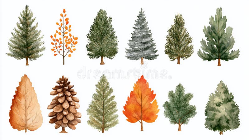 Watercolor Illustrations of Various Tree Types Including Pine Trees ...