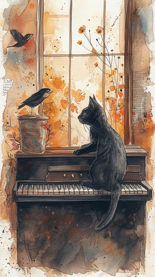 Watercolor Image of a Cat Playing a Piano and Birds Stock Image - Image ...