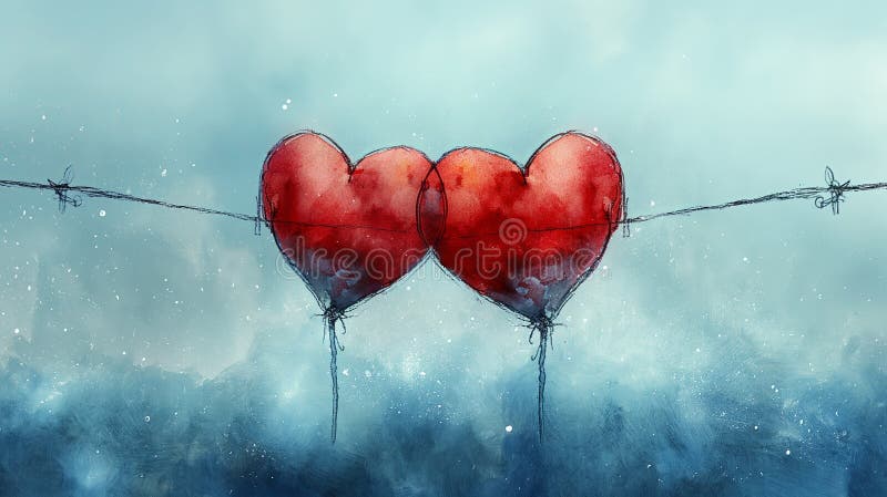 Watercolor Image of Heart Connect through a String with the Sky Stock ...