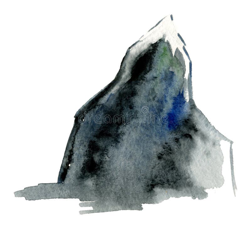 Watercolor Image of a Rock. Silhouette of a Mountain with a Snow Cap ...