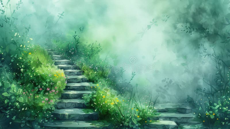 Watercolor Image of a Spring Path with Flowers. Hello Spring Stock ...