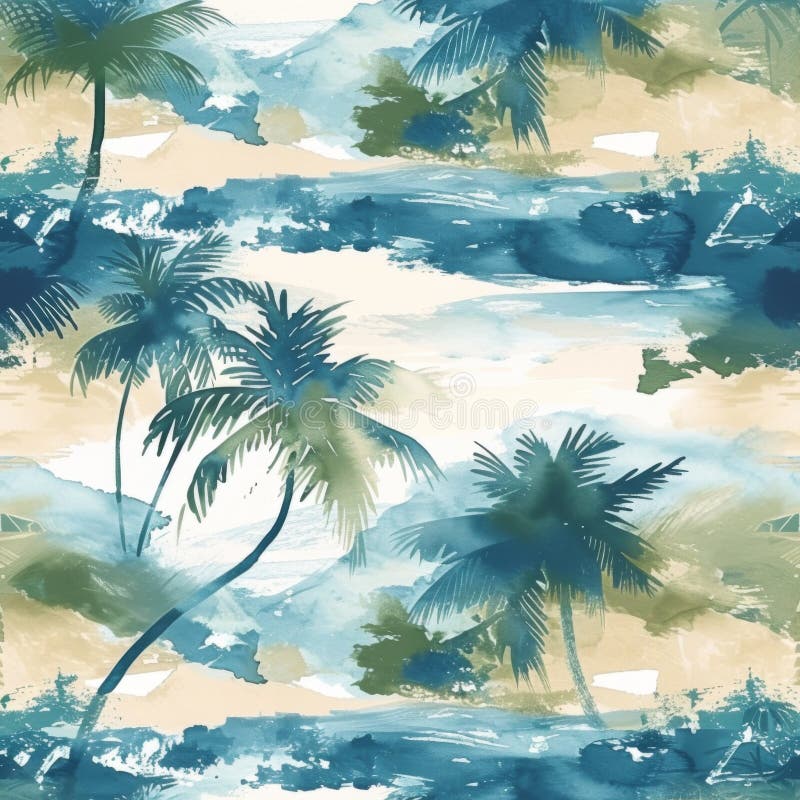 Watercolor Impression of a Tropical Riverside with Palm Silhouettes ...