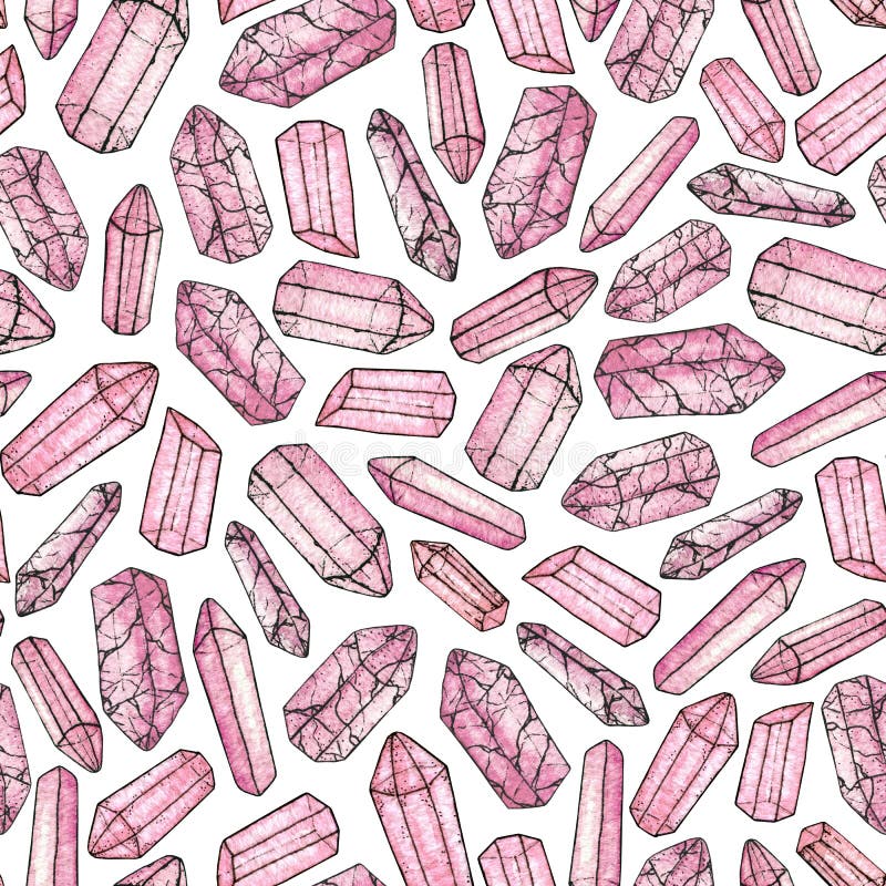 Watercolor and Ink Hand Painted Pink Gems and Crystals Seamless Pattern ...