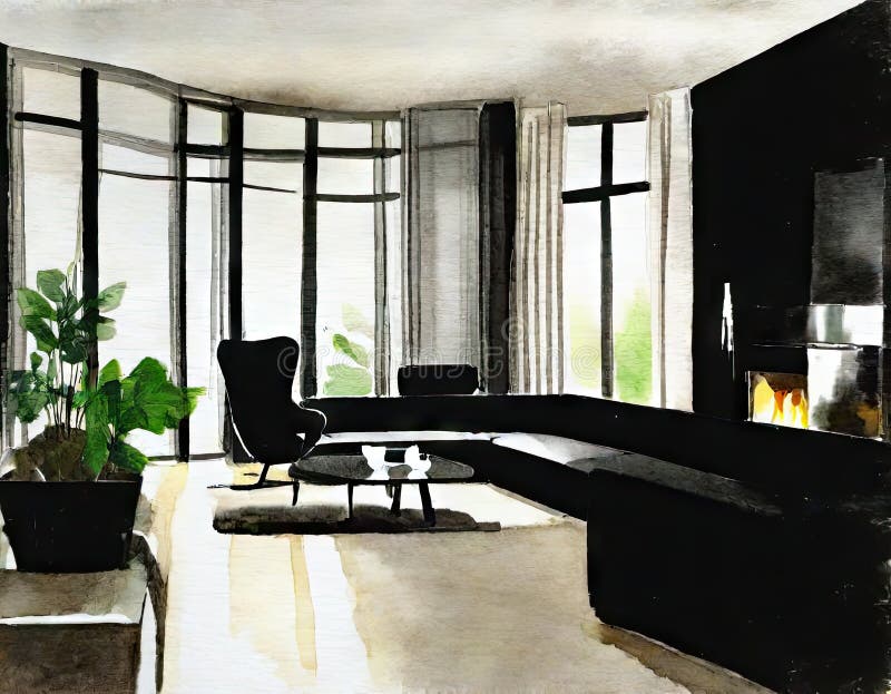 Watercolor of Intense Black Living Room AI Stock Illustration ...