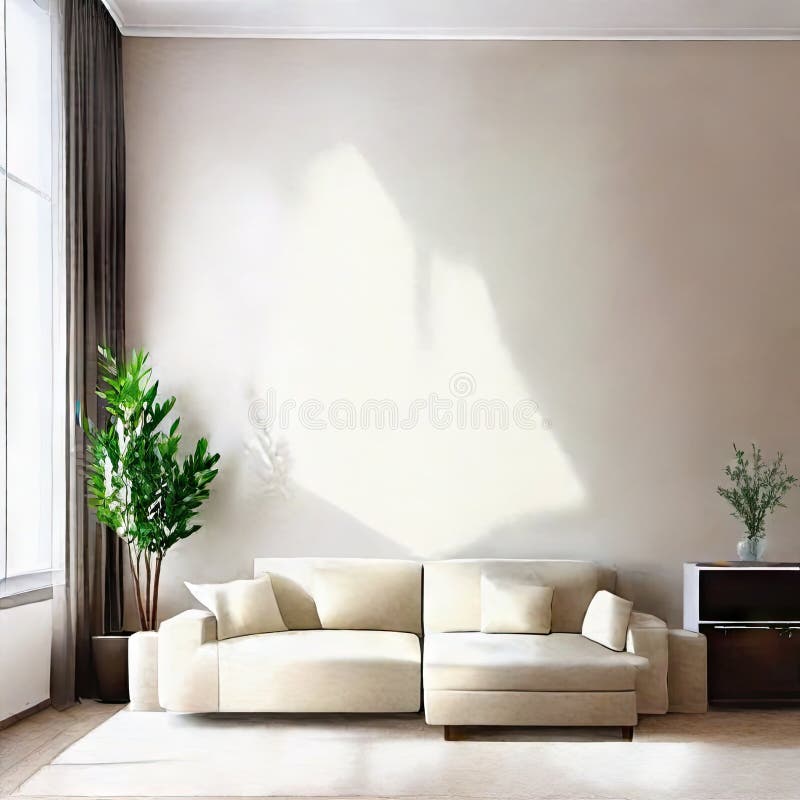 Watercolor of Interior Living Room with a Plain Wall on Which Can Be Stock Illustration ...