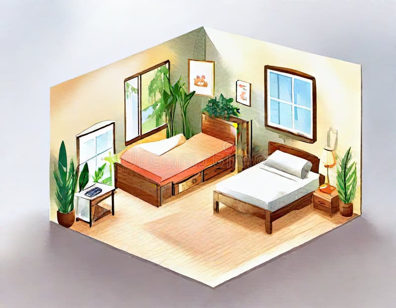 Watercolor of Isometric Bedroom Stock Illustration - Illustration of ...