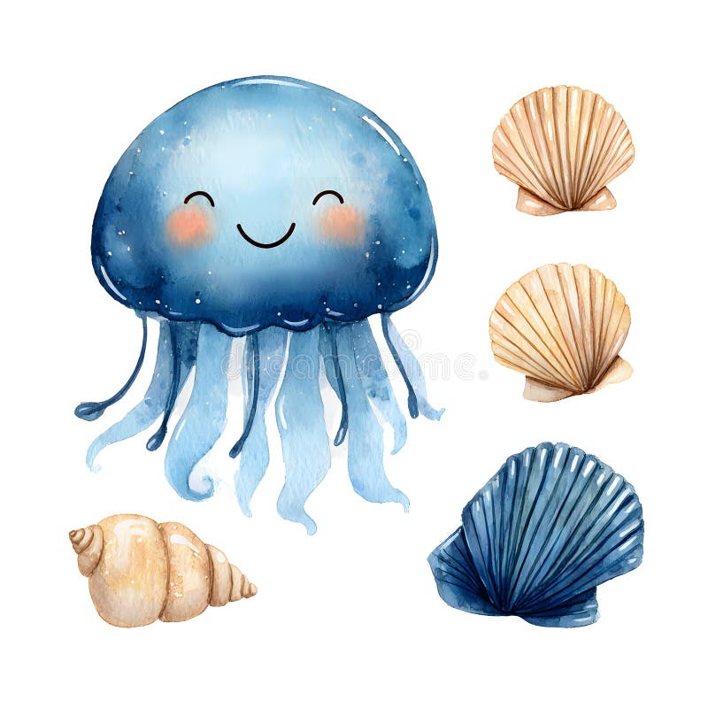 Watercolor Jellyfish with Smiling Face and Assorted Seashells on White ...