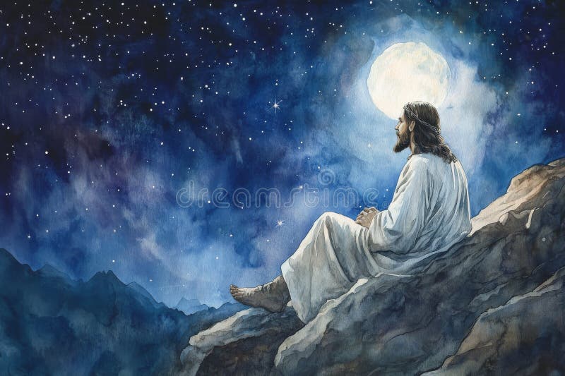A Watercolor of Jesus Praying in Solitude on a Mountaintop, Bathed in ...