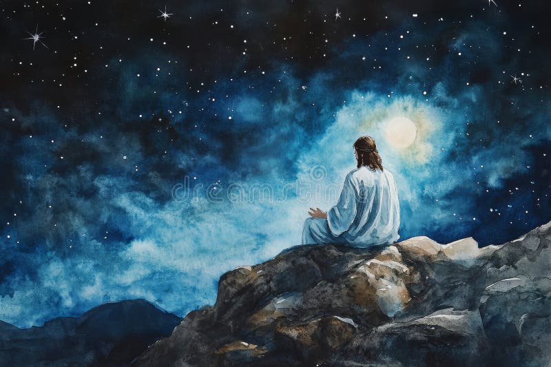 A Watercolor of Jesus Praying in Solitude on a Mountaintop, Bathed in ...