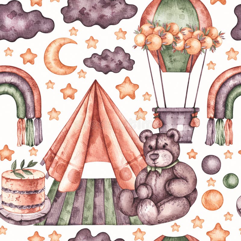Watercolor Kids Pattern with Teddy Bear in Boho Style Stock ...